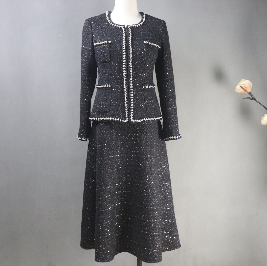 Black Tweed Suit – Custom Made Sequined Jacket With a Long Skirt, Plus ...