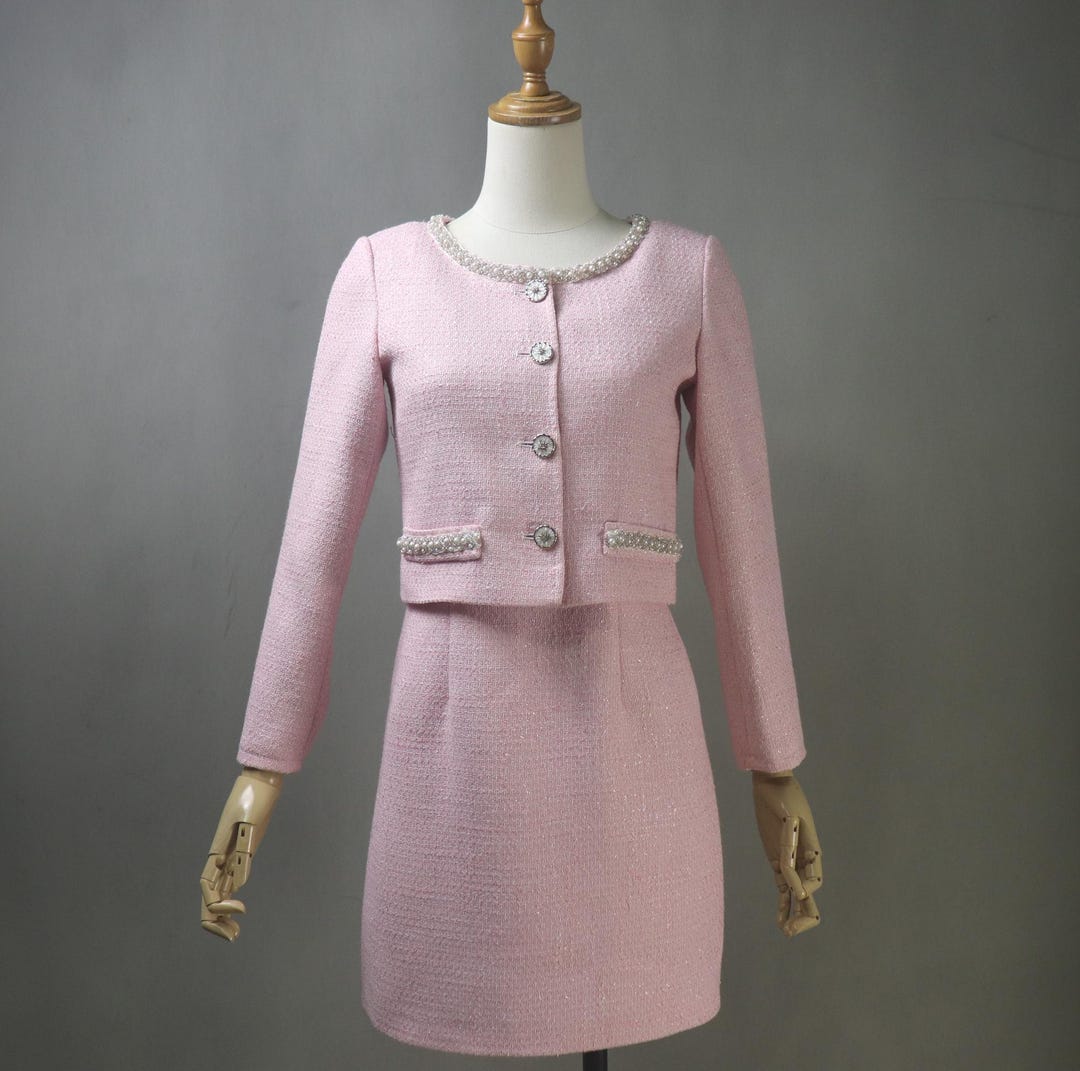 Bespoke Pink Tweed Dress Suit With Pearls Trim | Plus Size Formal ...