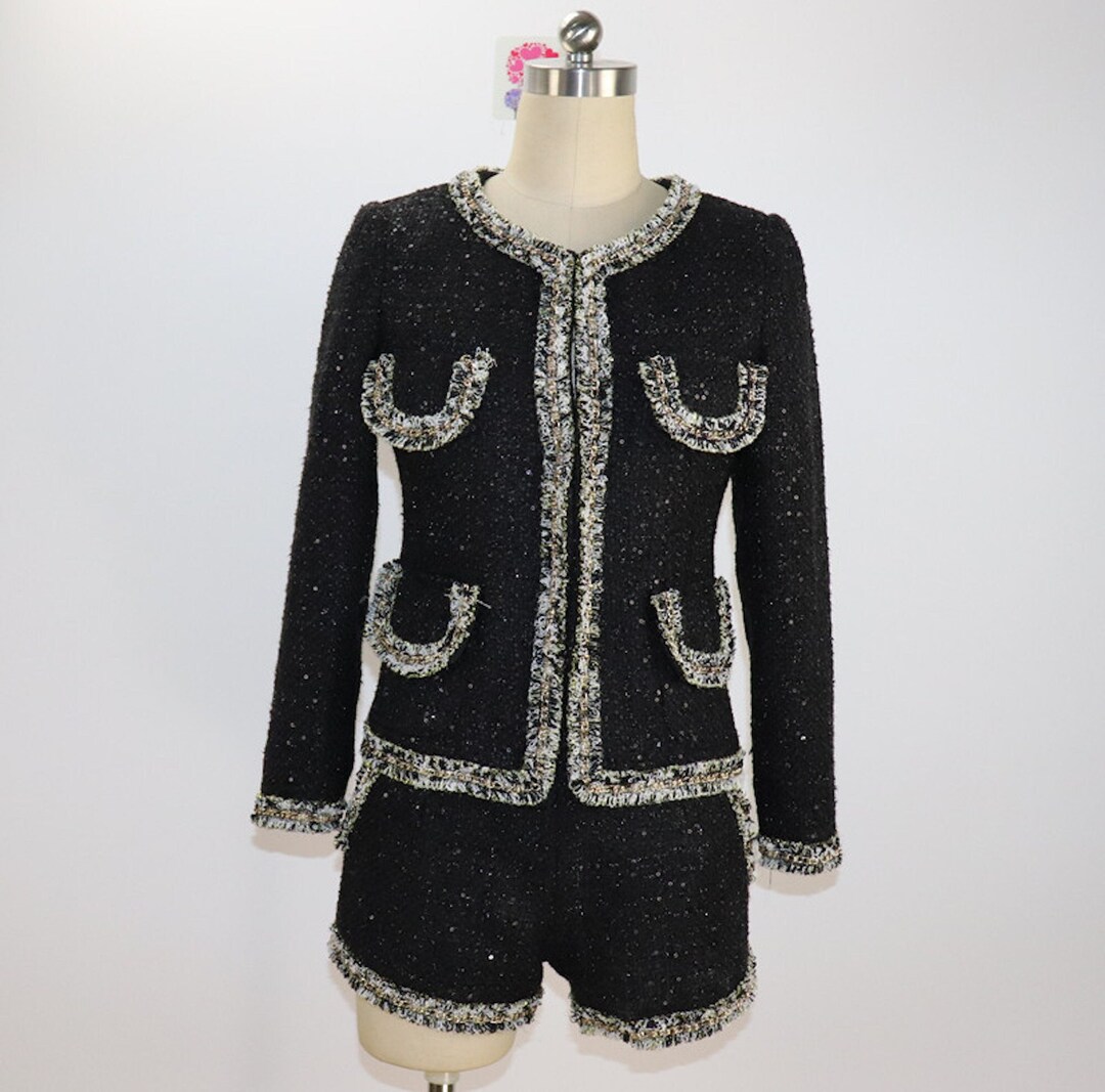 Black Tweed Suit: Custom Fit Sequinned Golden Trim Jacket & Skirt ...