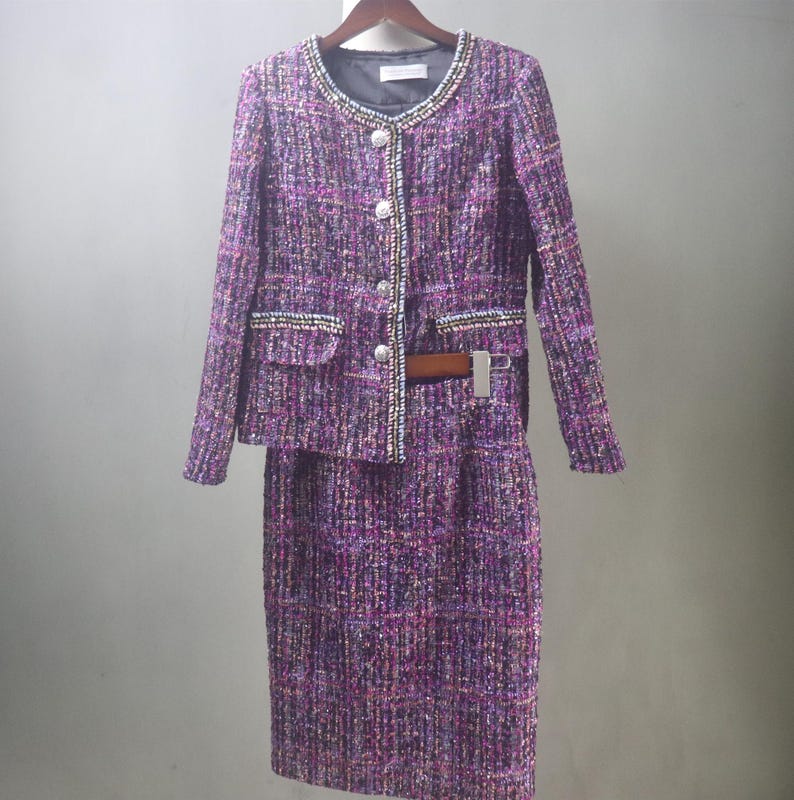 Custom Purple Tweed Skirt Suit With Jacket – Classic Two-piece Outfit ...