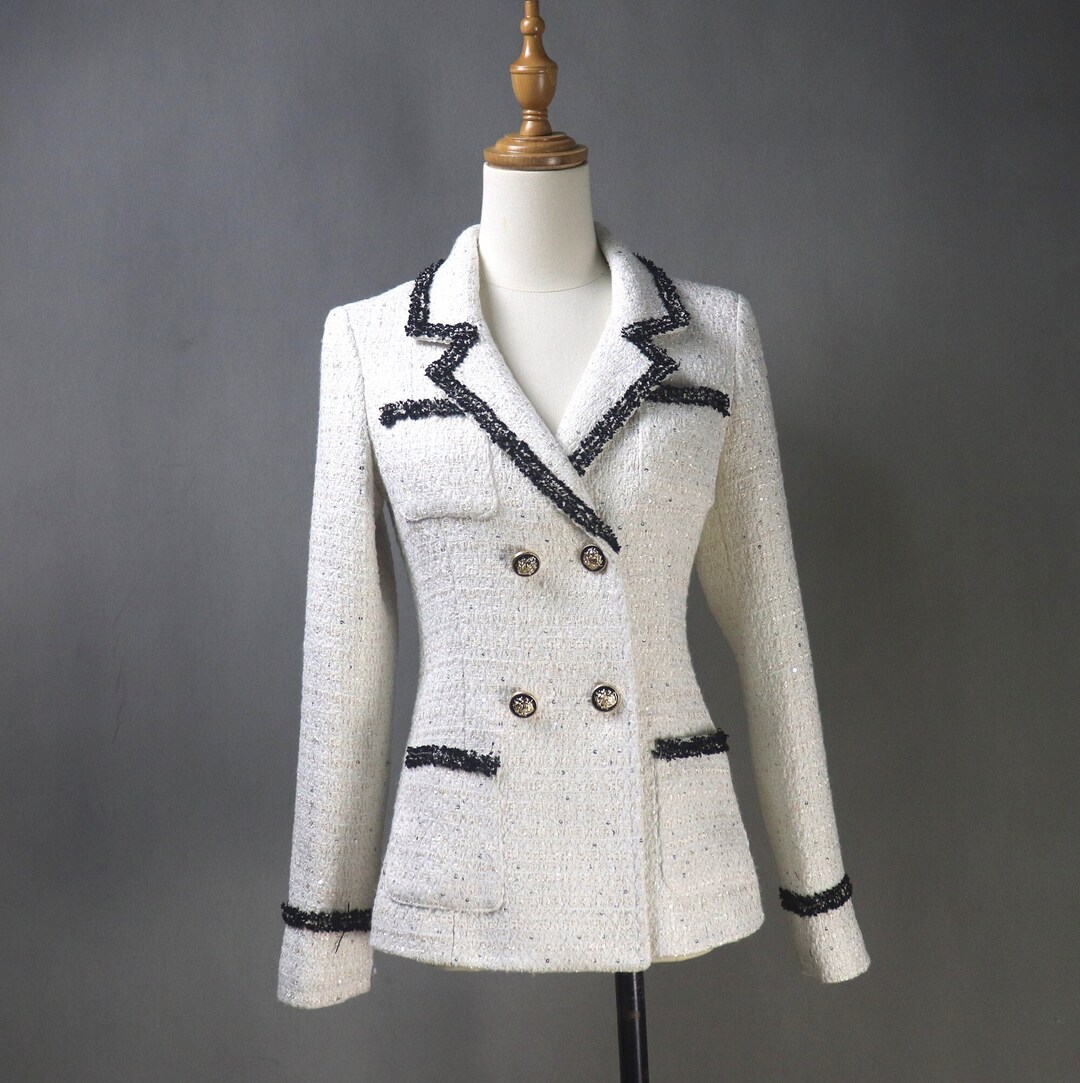 Custom Made Tweed Jacket: White Sequinned Coat With Black Trim - Etsy