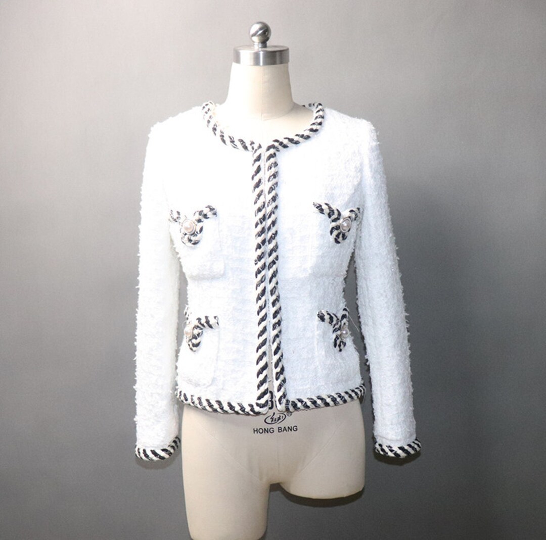 White Tweed Jacket: Made to Measure, Plus Size Pearl Button Blazer - Etsy