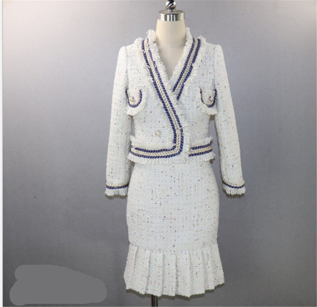 Womens White Suit CUSTOM MADE Multi-color Sequined Pearl Button Tweed ...