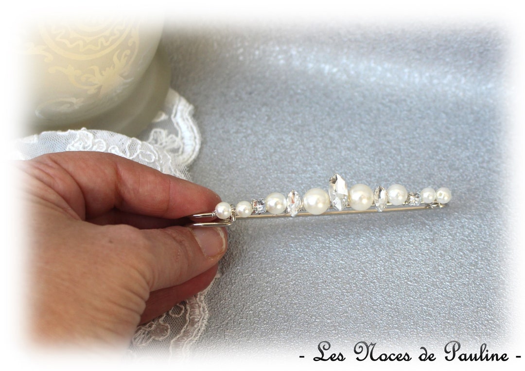 Ivory and Rhinestone Train Attachment, Pearl Brooch, Wedding Accessory ...