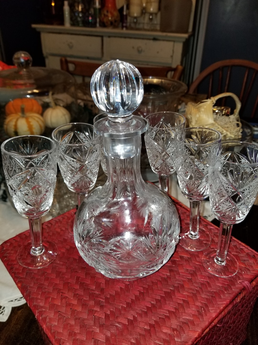 Vintage Mini Crystal Decanter and Glasses, Beverage Set, Crystal Bottle ...