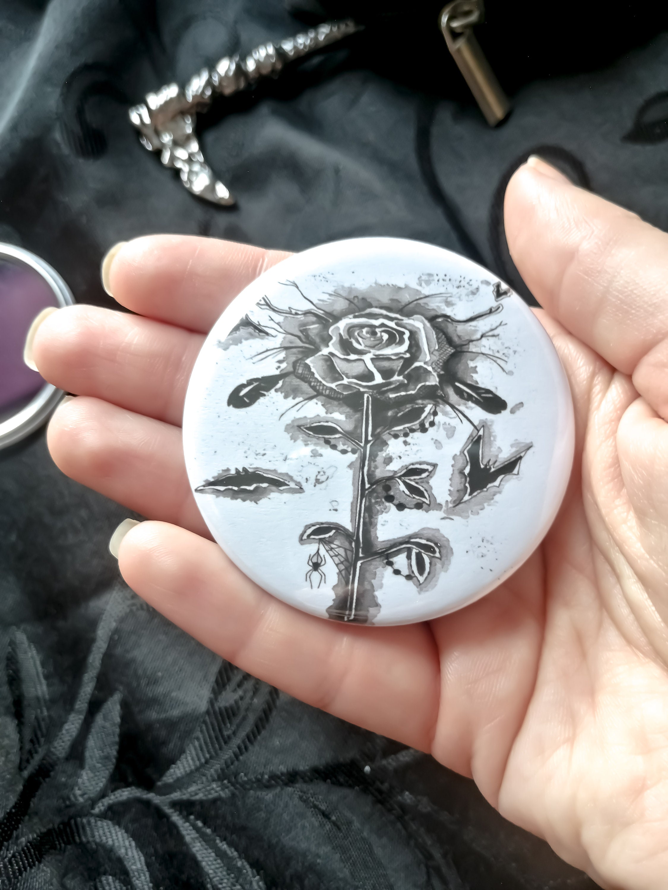 In Mourning~ Original 56mm Gothic Vampire Smokey Black Rose Bats Pocket ...