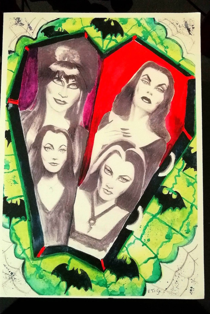 Original A4 Art Gothic Horror Print Elvira Vampira Morticia Lily ...
