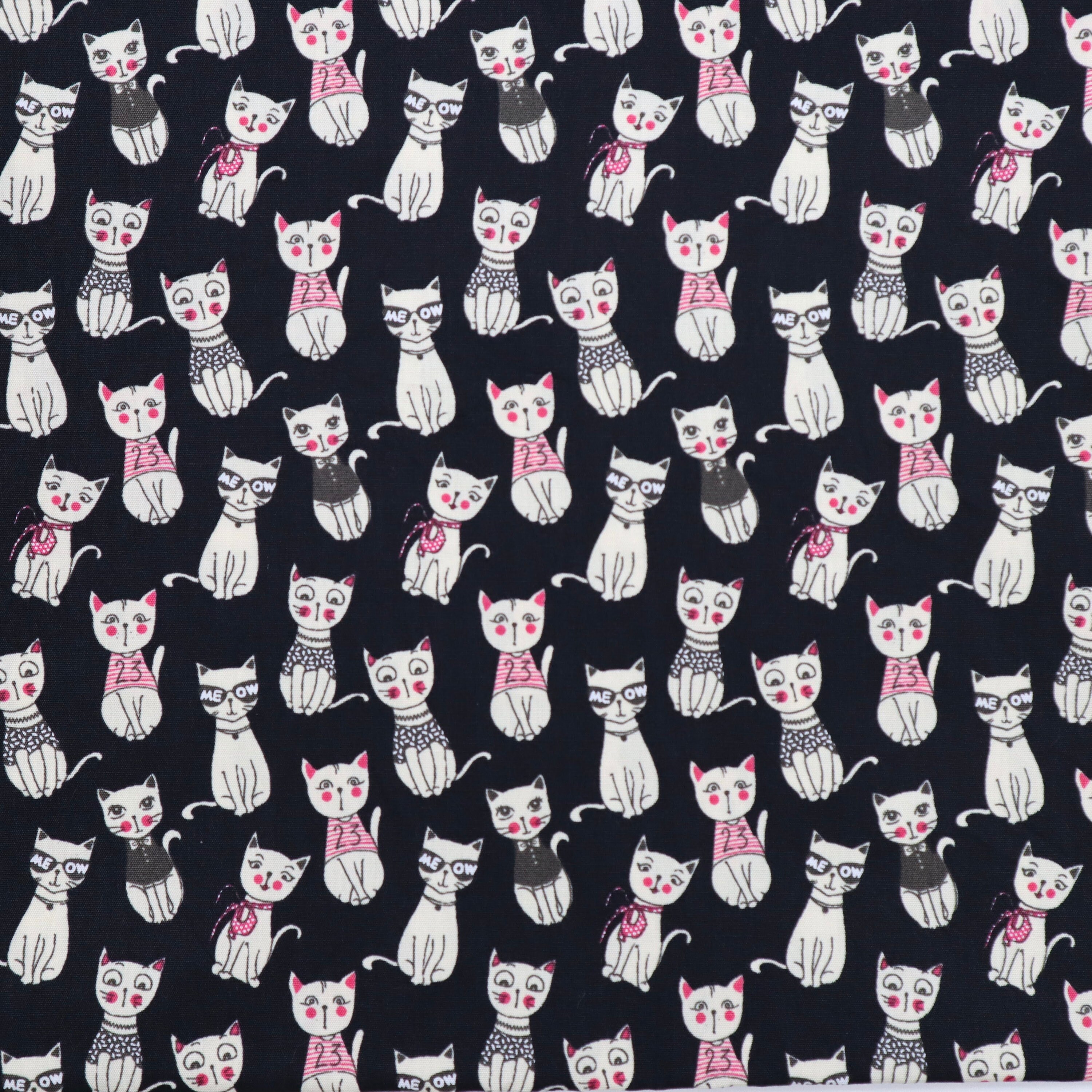 Cute Cat Printed Cotton Fabric Cat Printed on Blue Black | Etsy
