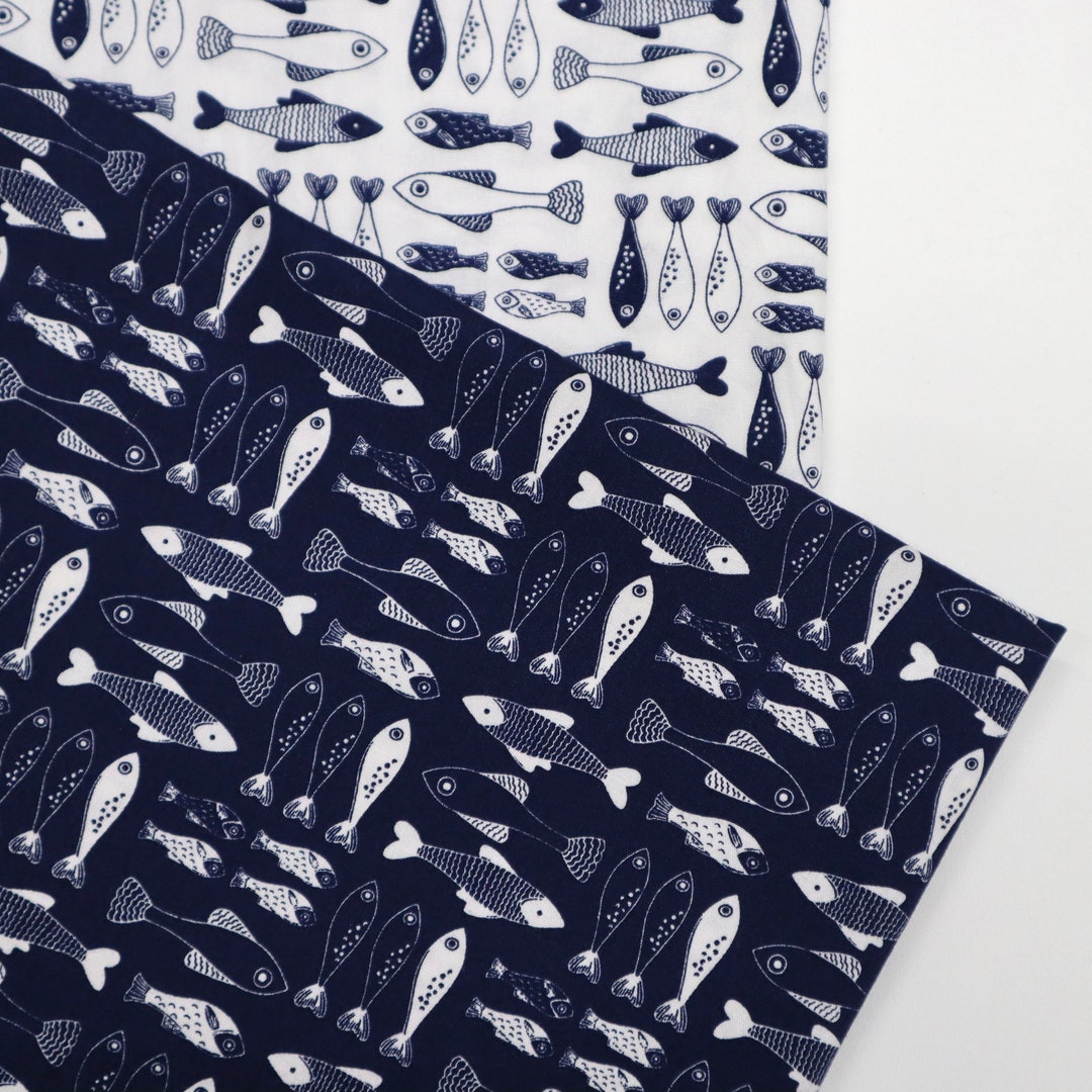 Little Fish Printed Cotton Fabric Fish Print on Navy Blue,white ...