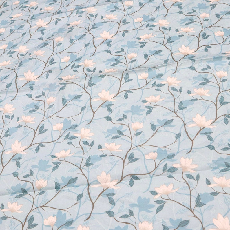 Floral Cotton Fabric White Flower on Light Blue Background - Etsy