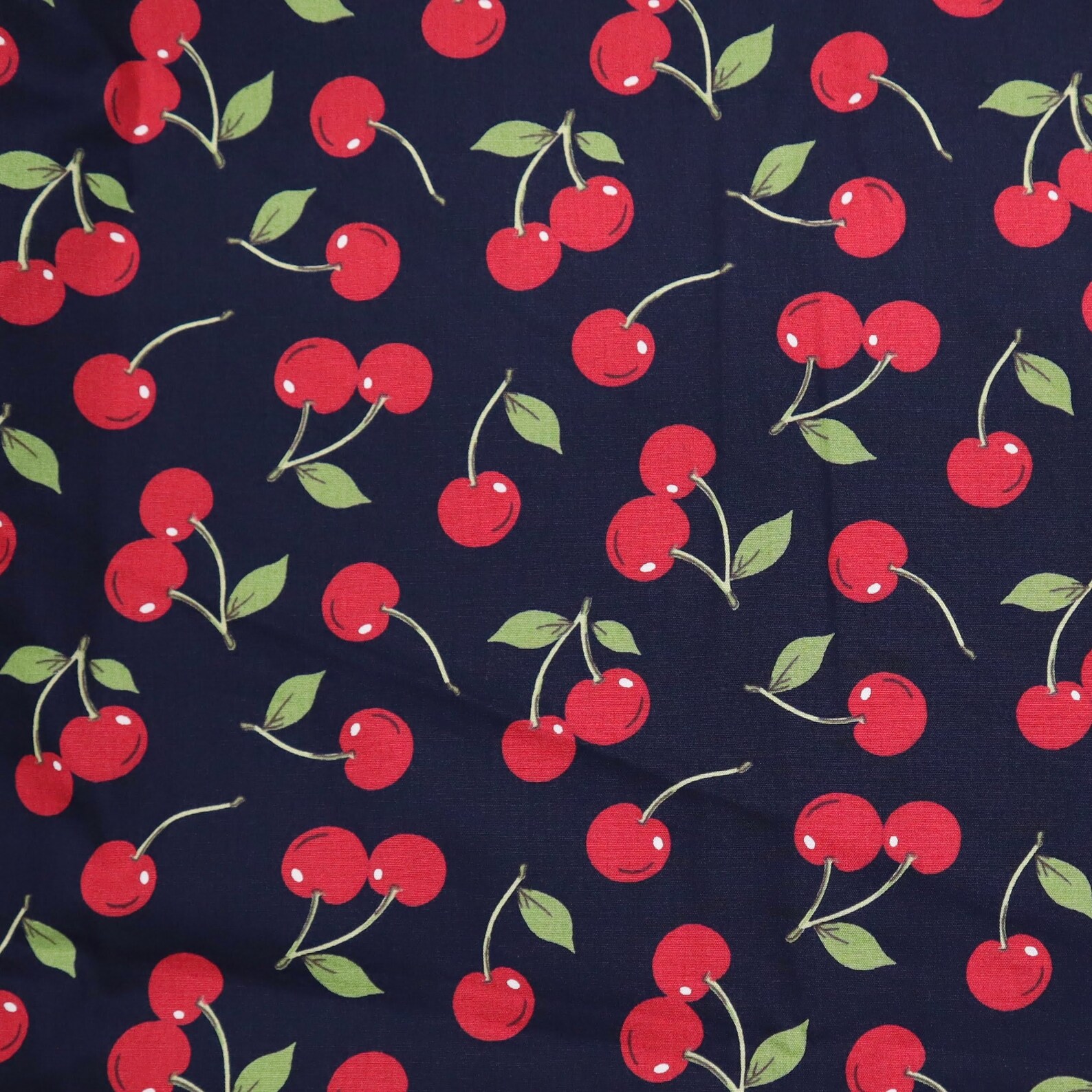Red Cherry Cotton Fabric Red Cherry Printed on Dark Blue | Etsy