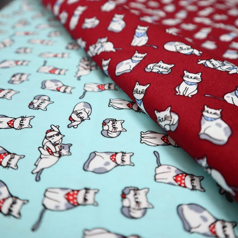 Cute Cat Printed Cotton Fabric Funny Cat printed on burgendy | Etsy