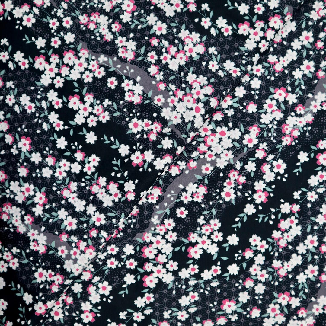 Sakura Flower Cotton Fabric - Japanese Style Sakura Printed on Black ...