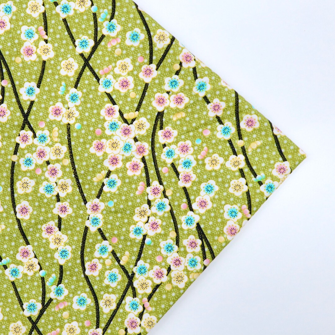 Sakura Flower Cotton Fabric - Japanese Style Sakura on Bright Green ...