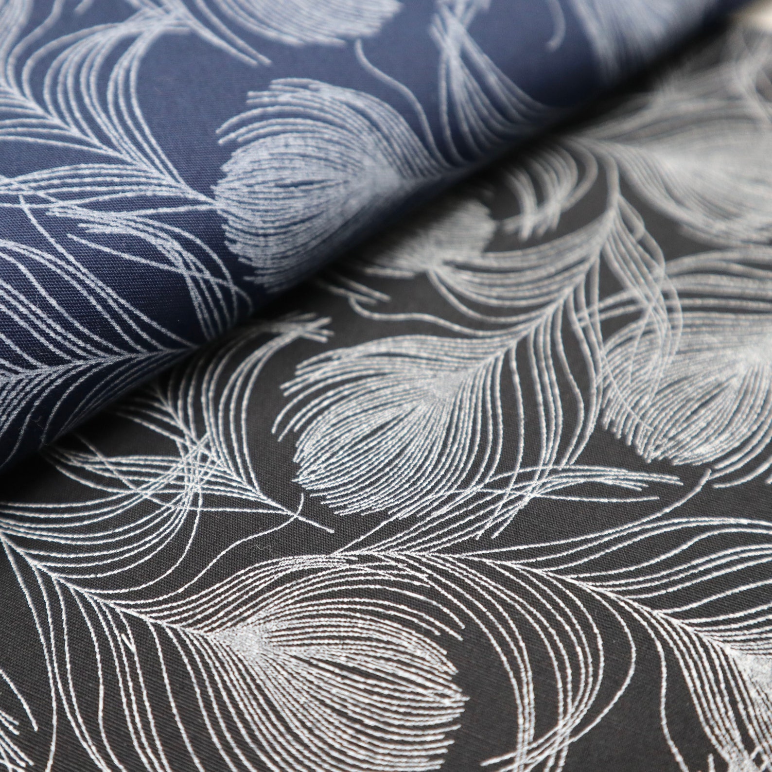 Feather Printed Cotton Fabric White Feather on Navy - Etsy