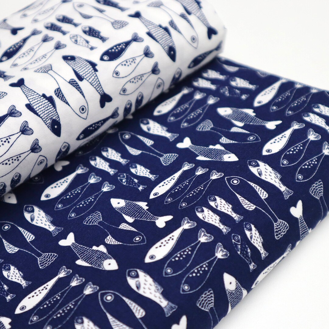 Little Fish Printed Cotton Fabric Fish Print on Navy Blue,white ...