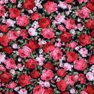 Vintage Red Roses on Black Background Fabric, Vintage Style Rose ...