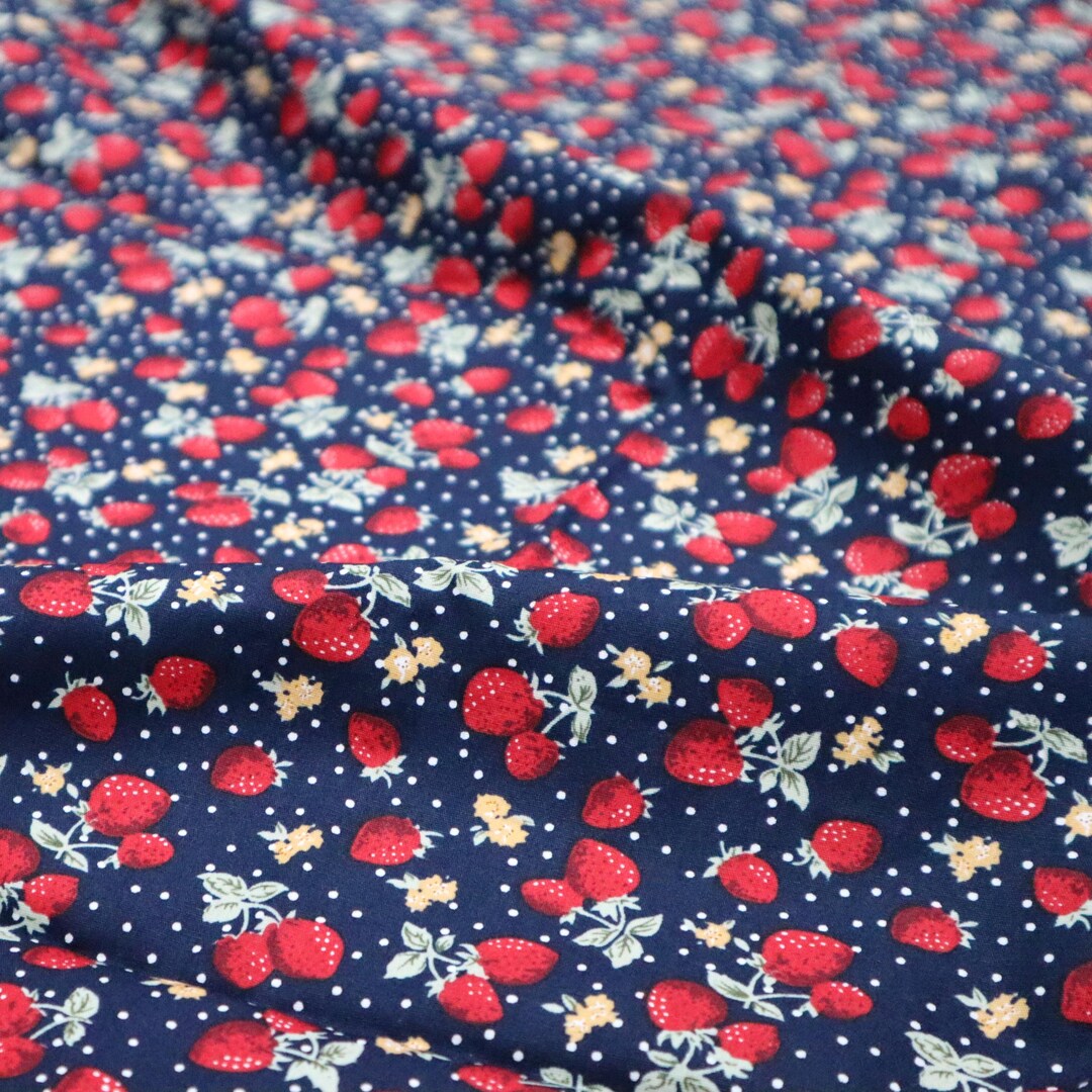 Red Strawberry Fabric - Super Cute Strawberry Print on Naby Blue ...
