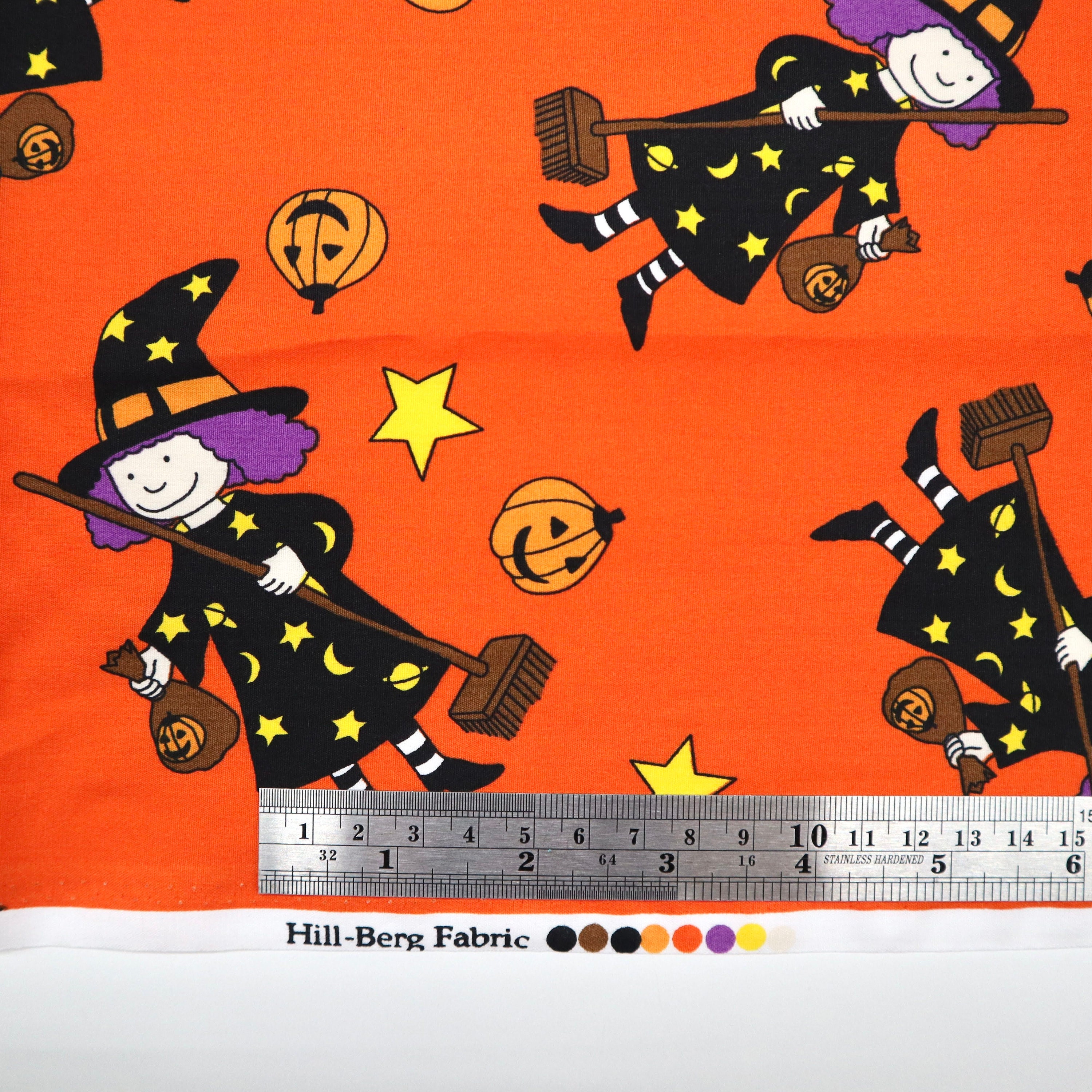Halloween Fabric Cute Witch with Pumpkin Printed on Black | Etsy