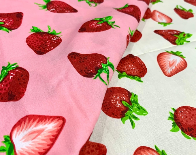 Cute Red Strawberry Fabric - Big Strawberry Printed on Blue/white ...