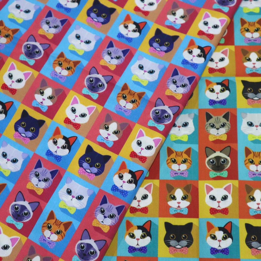 Cat Cotton Fabric - Cats Printed on Colorful Background Fabric, Verr ...
