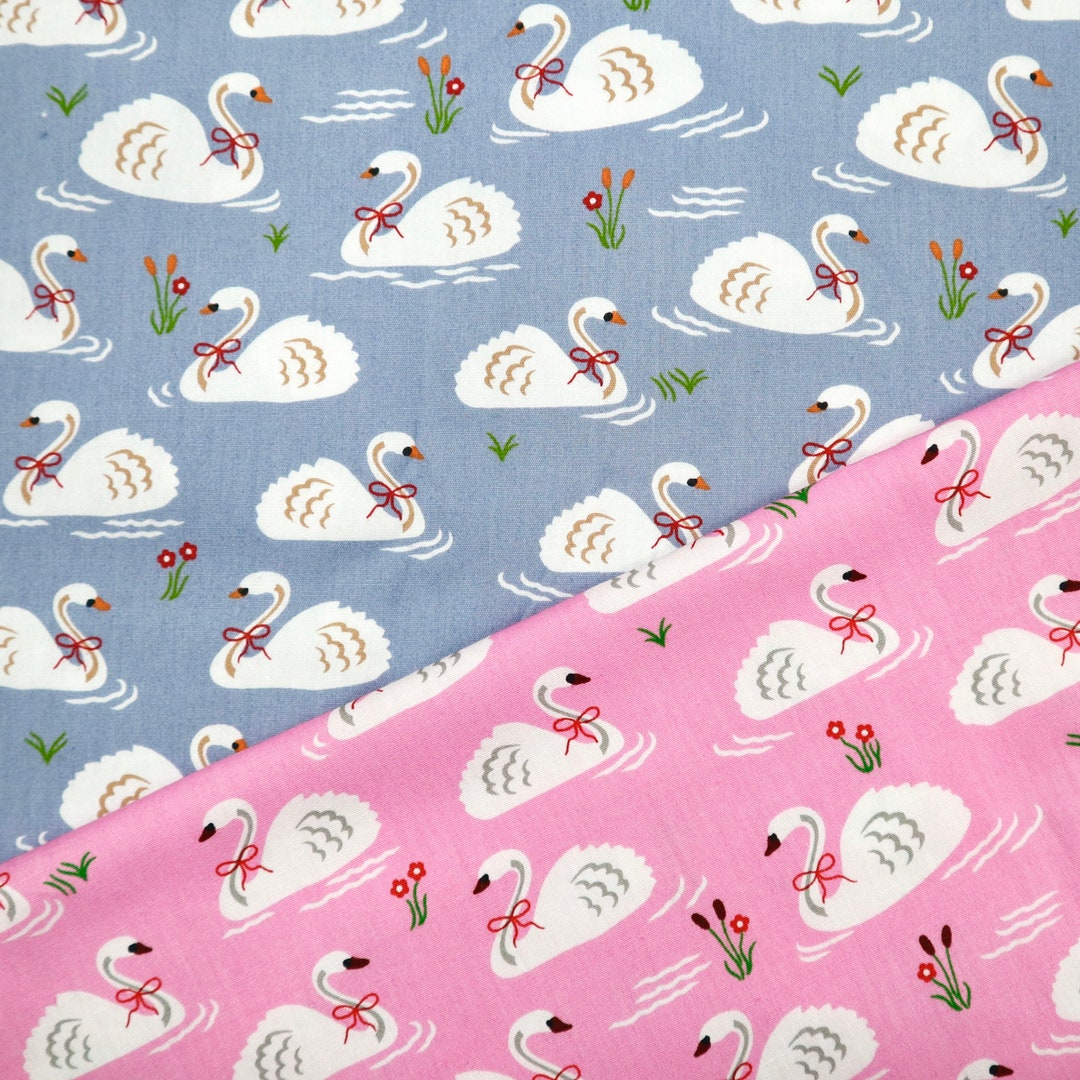 Swan Cotton Fabric - White Swan With Bow Tie Printed on Gray, Pink ...
