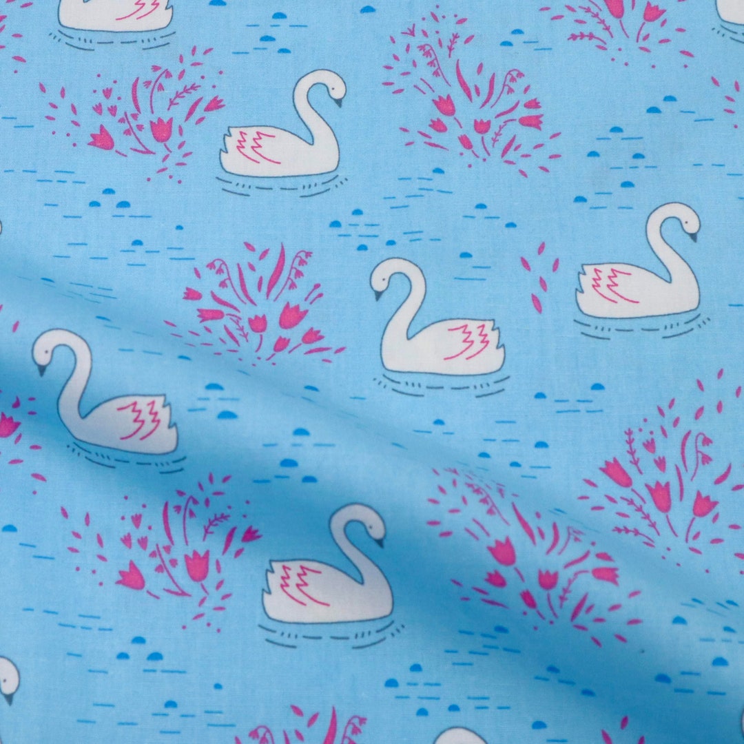 Swan Cotton Fabric - White Swan Printed Fabric, Swan on Water Fabric ...