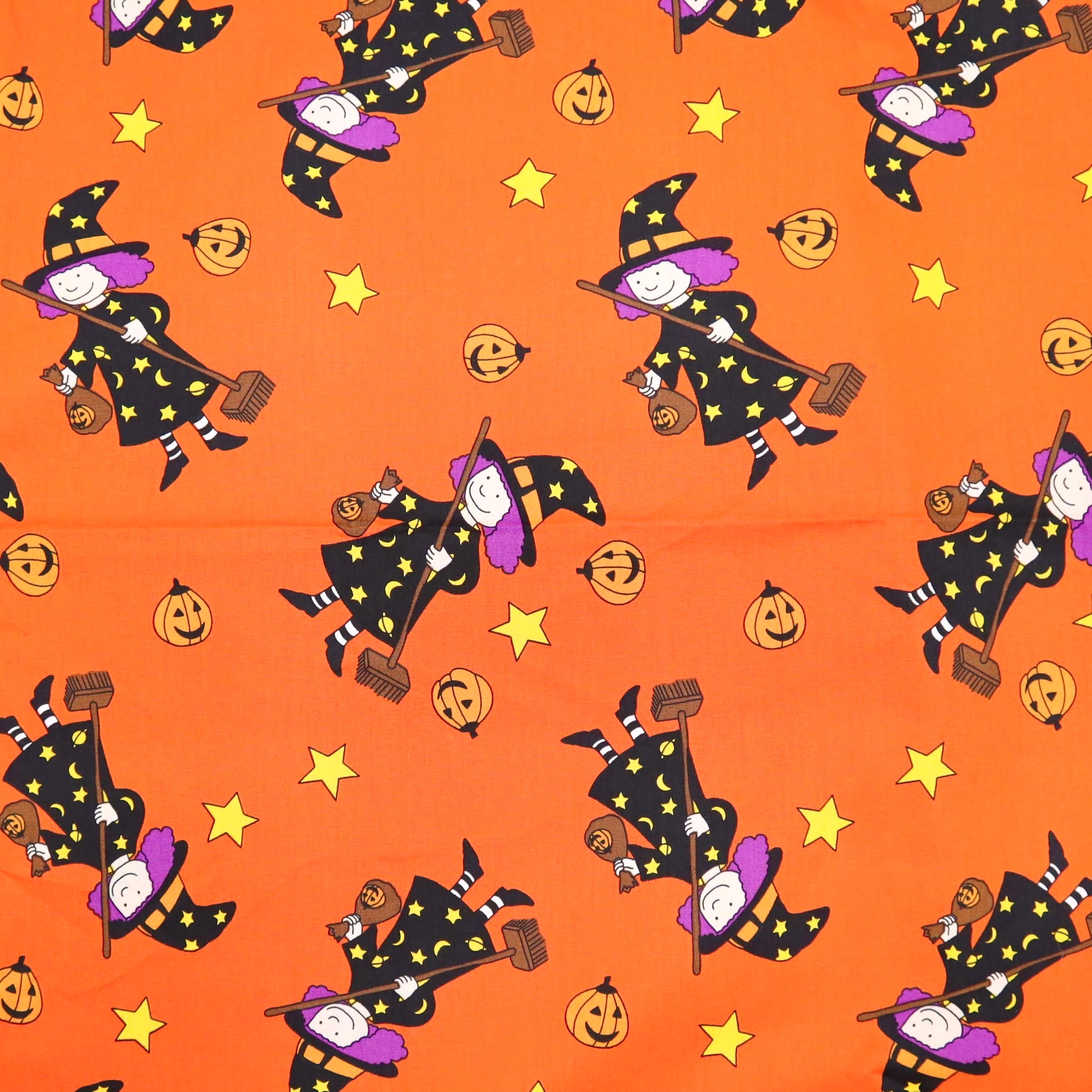 Halloween Fabric Cute Witch with Pumpkin Printed on Black | Etsy