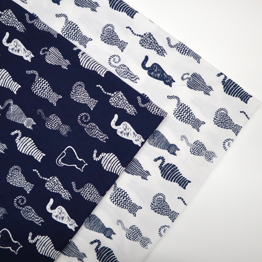 Cat Print Cotton Fabric - Navy Blue & White Quilting Fabric by Yard - Etsy