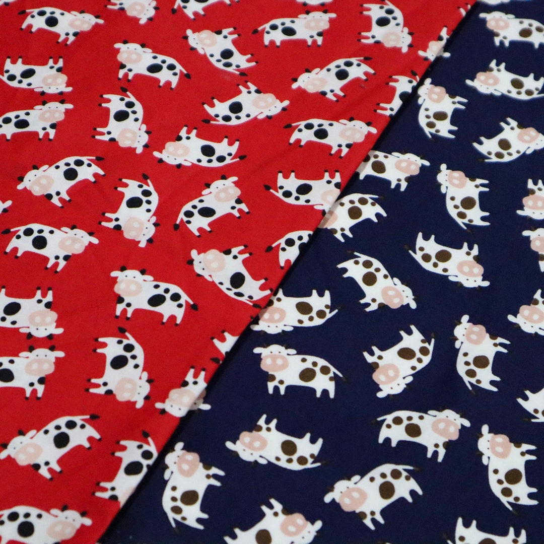 Cute Cow Cotton Fabric - Cow Printed on Red, Navy Blue Cotton Fabric ...