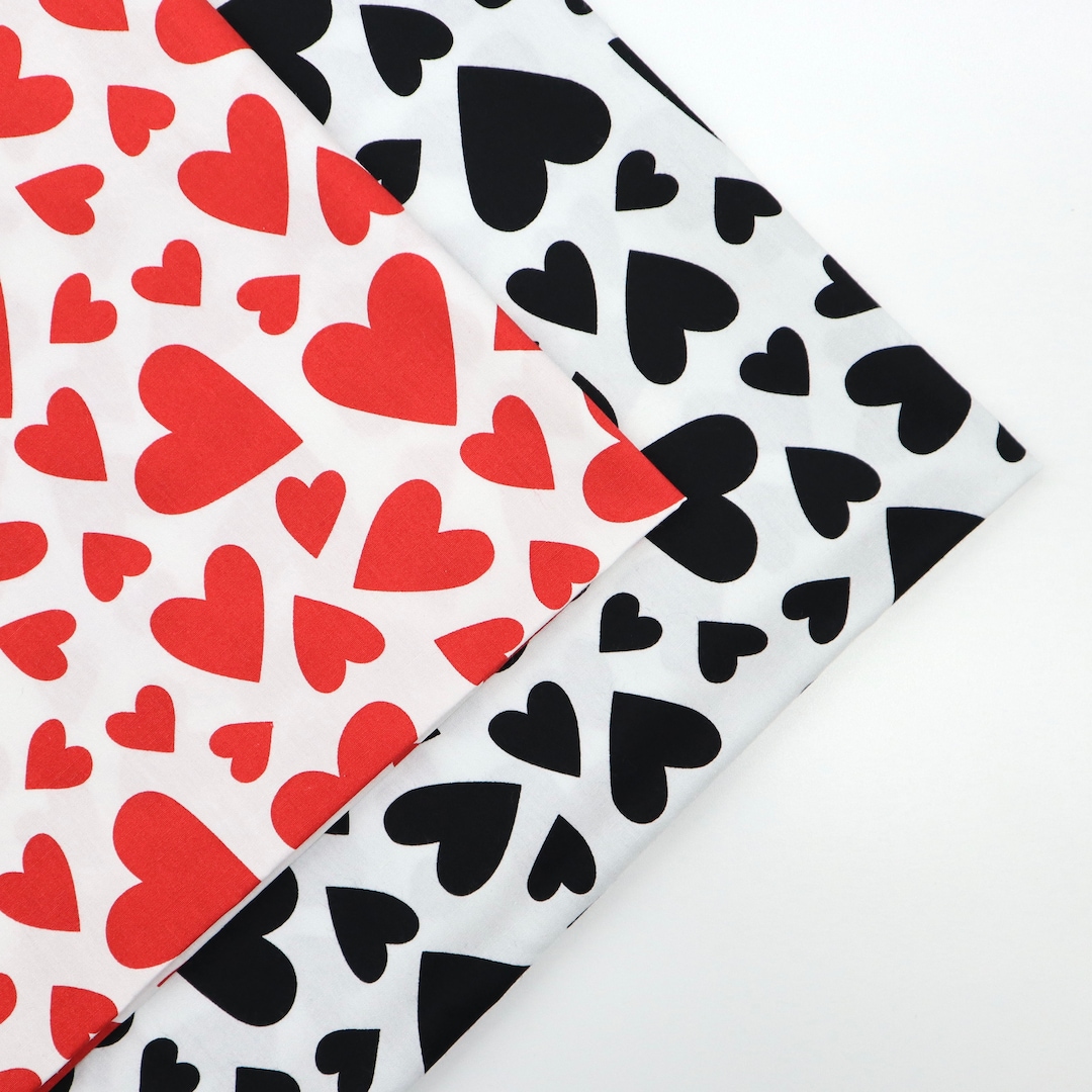 Hearts Printed Fabric - Red Hearts, Black Hearts Printed Cotton Fabric ...