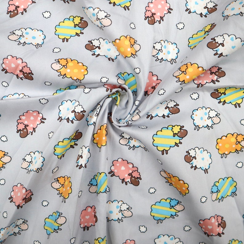 Colorful Sheep Cotton Fabric Cute Lamb Printed on Gray - Etsy UK