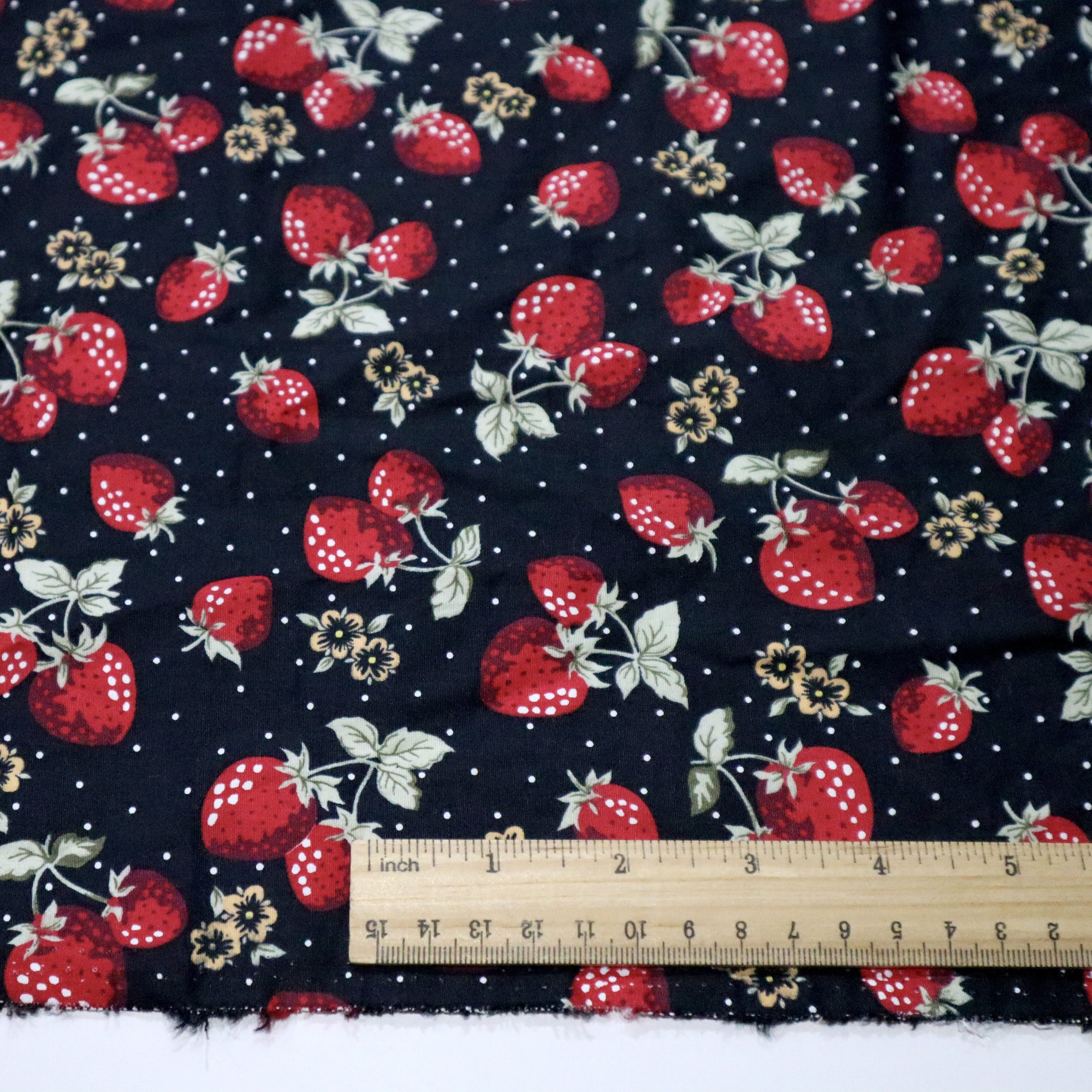 Strawberry Cotton Fabric - Cute Red Berries Print on Black, Quilting ...