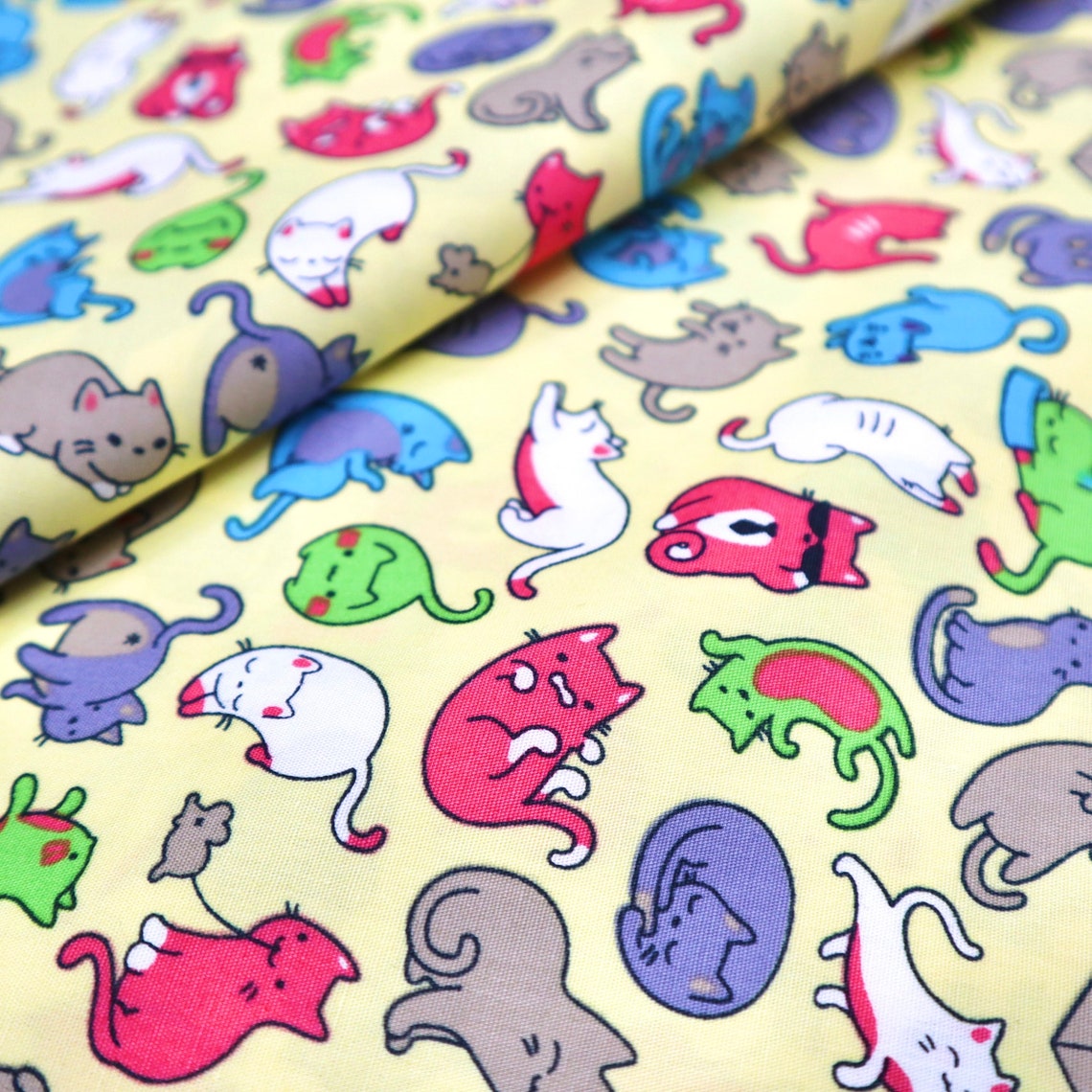 Cute Colorful Cats Printed Cotton Fabric Multicolor Cat | Etsy