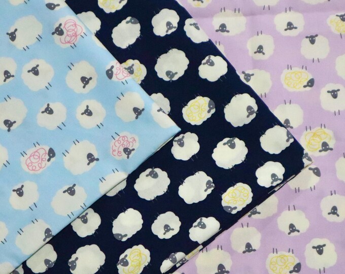 Fluffy Sheep Cotton Fabric - White Lamb Printed on Light Blue, Violet ...