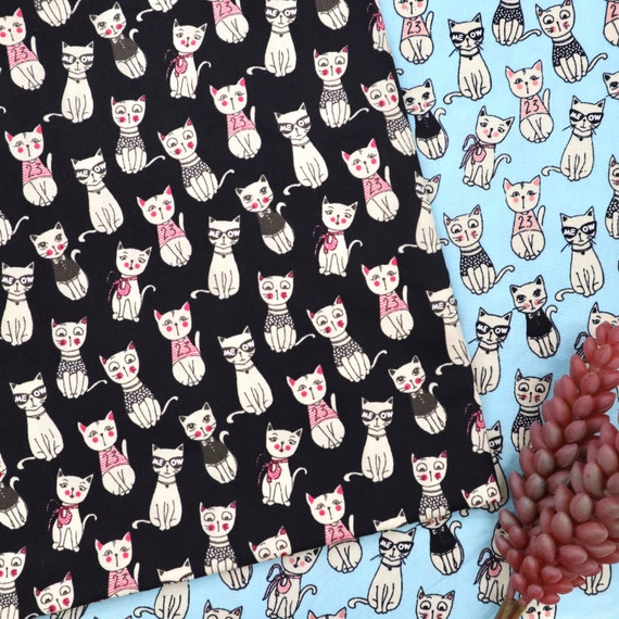 Cute Cat Printed Cotton Fabric Cat Printed on Blue Black | Etsy