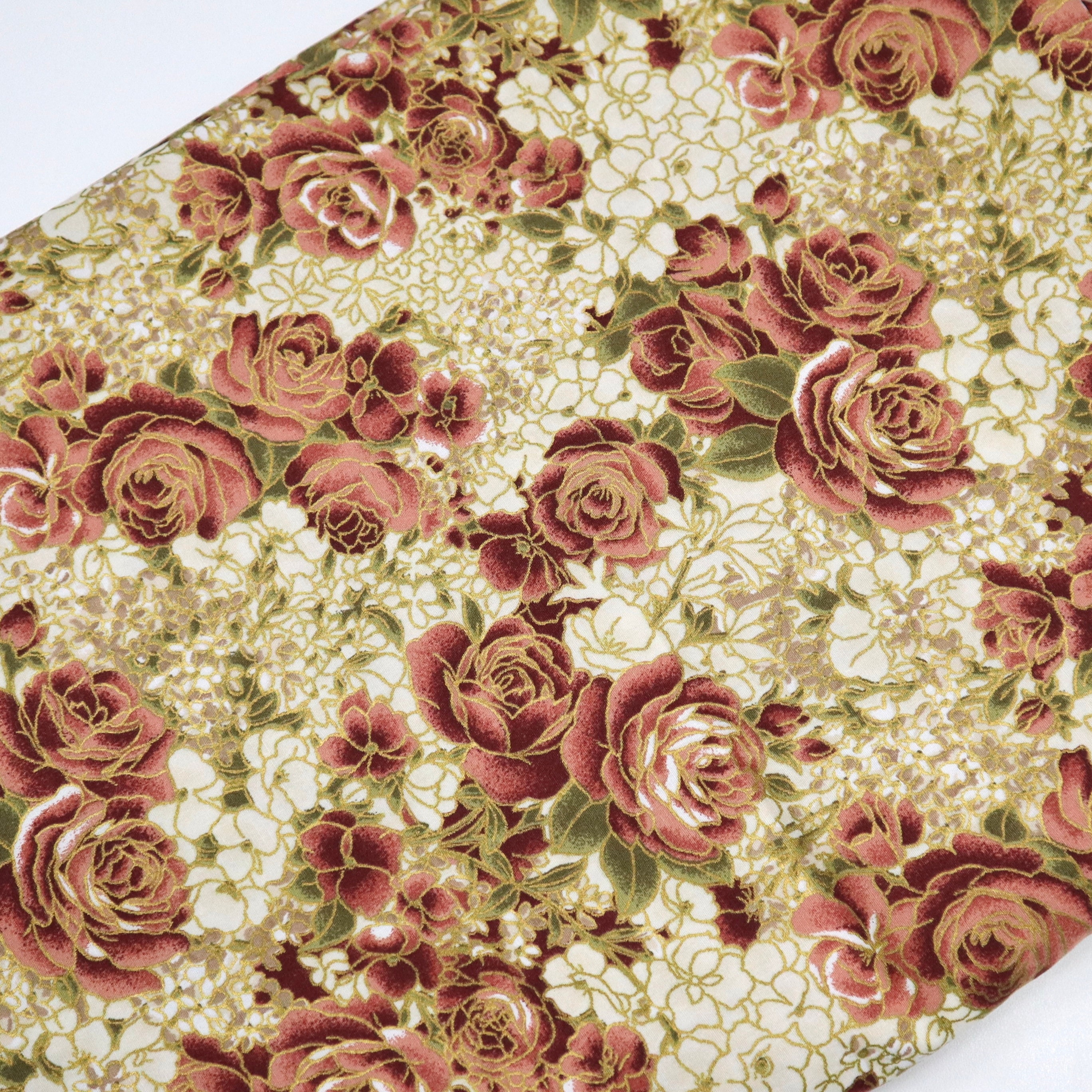Red Rose With Golden Line Fabric Sweet Red Rose Printed - Etsy
