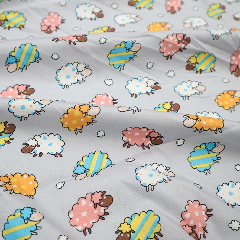 Colorful Sheep Cotton Fabric Cute Lamb Printed on Gray - Etsy UK