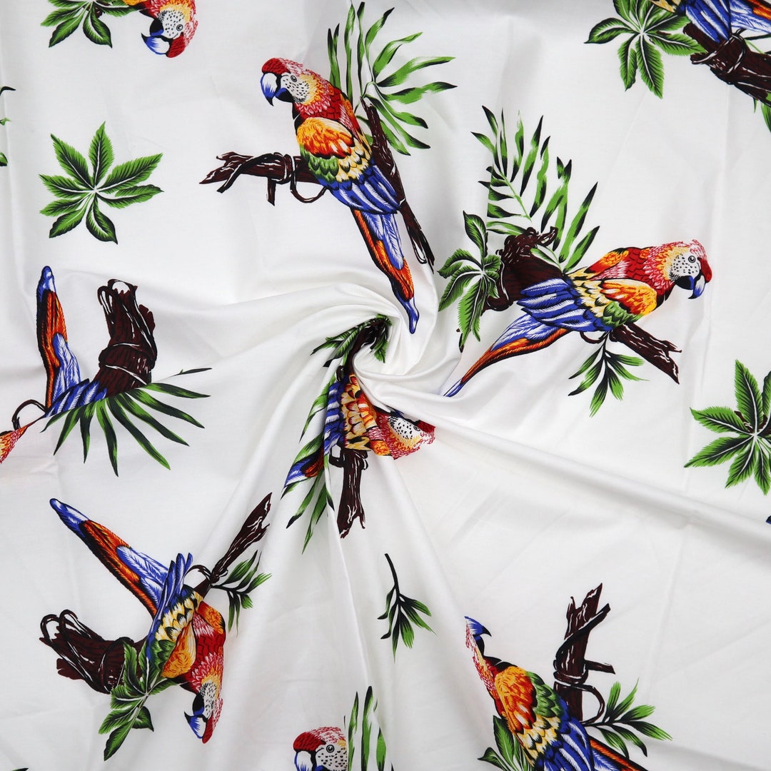Colorful Parrot Cotton Fabric - Huge Parrot Printed on White Fabric ...