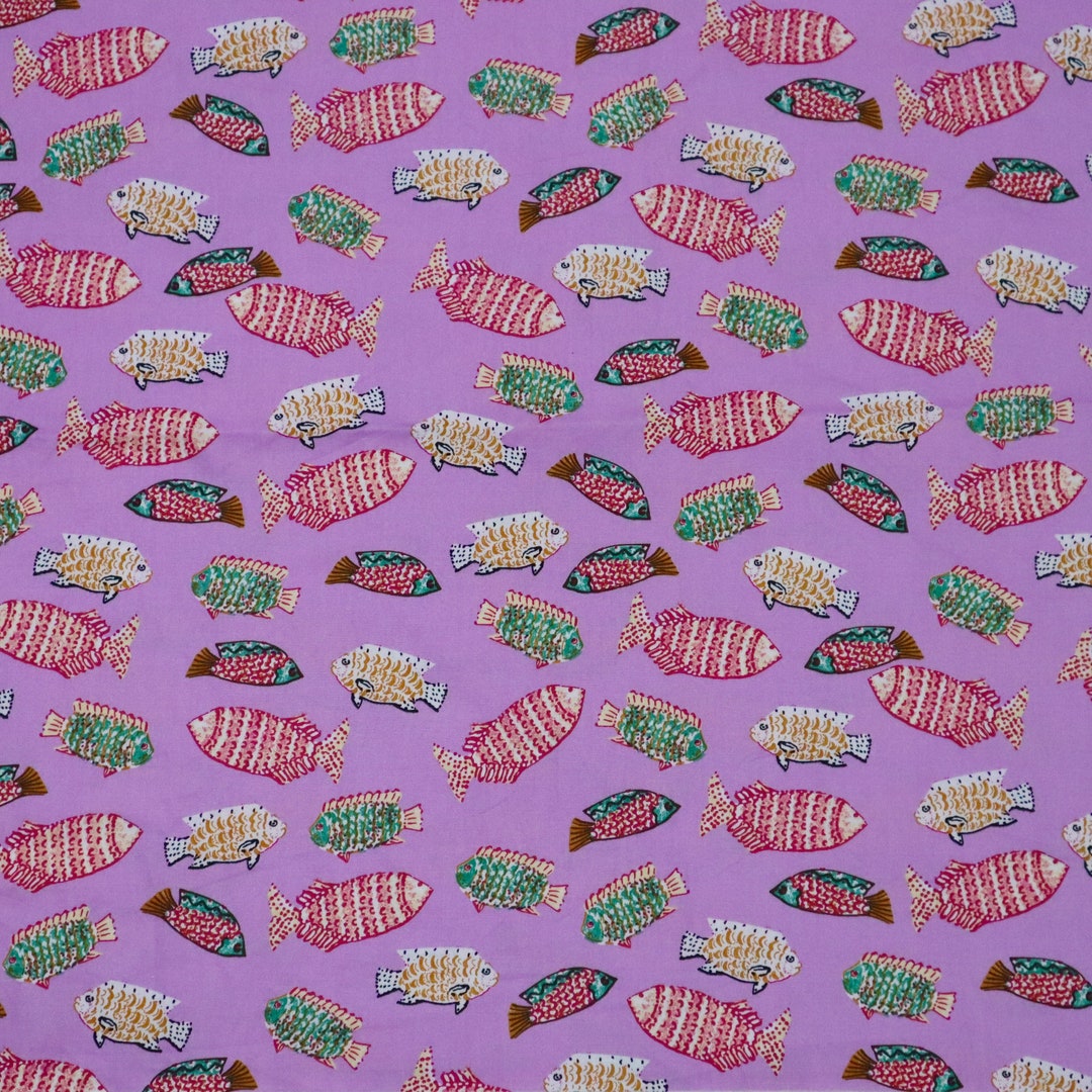 Colorful Fish Printed on Violet Background Cotton Fabric - Fish Fabric ...