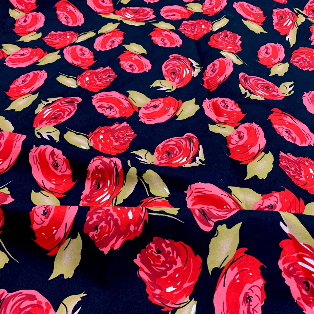 Huge Red Rose Cotton Fabric - Red Roses on Black Background Fabric ...