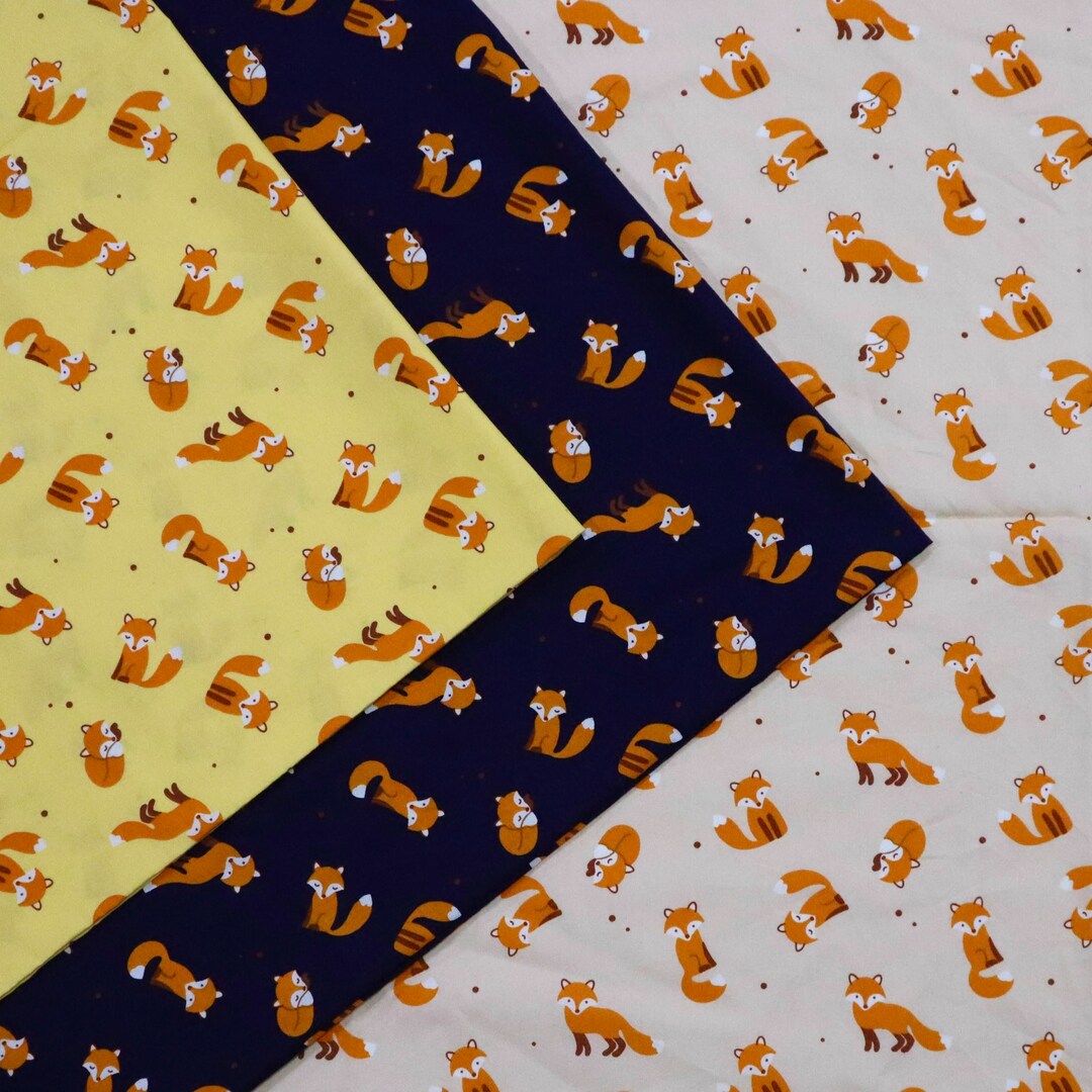 Cartoon Fox Print Cotton Fabric – Yellow, Navy, Orange - Etsy