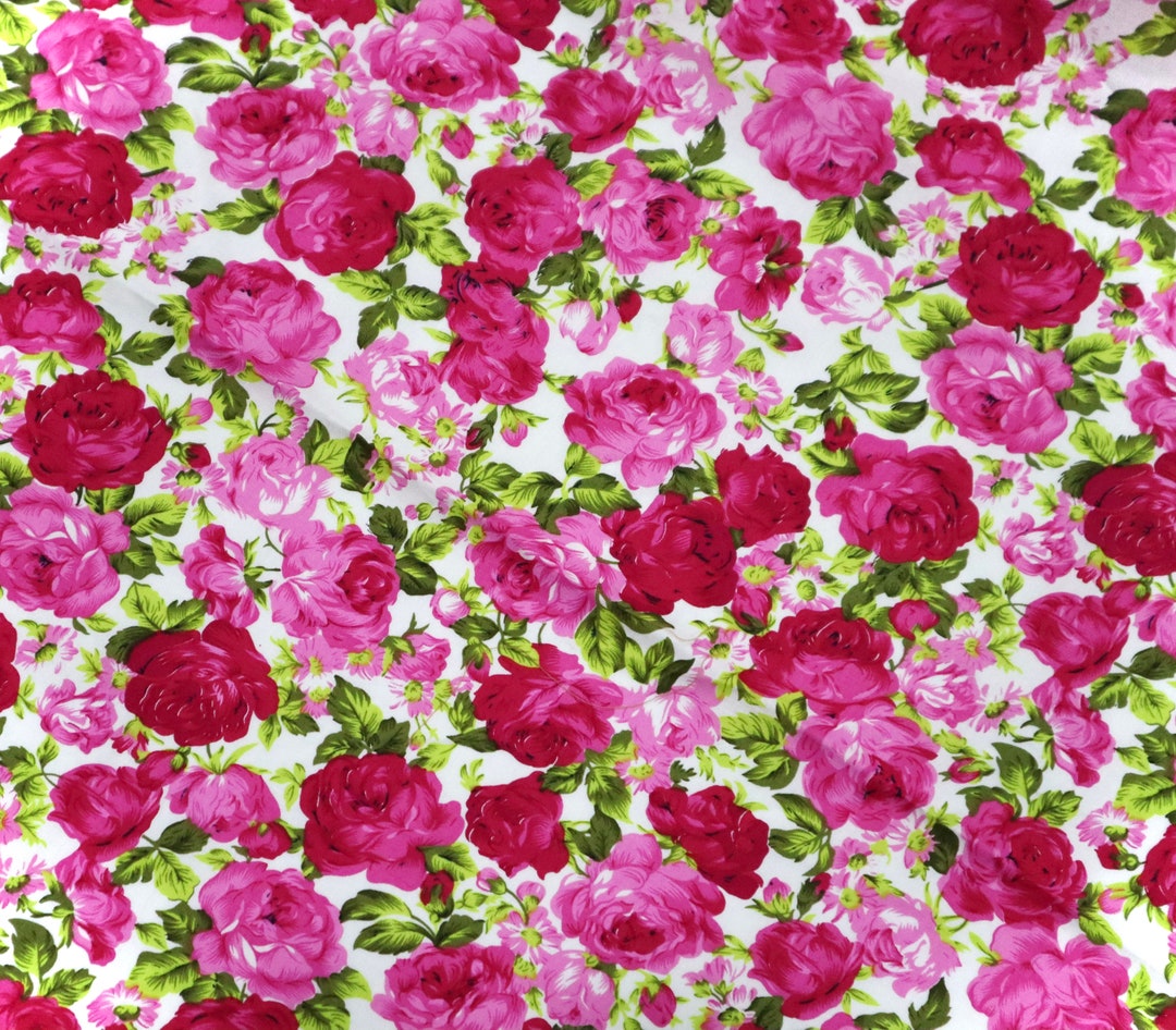 Vintage Pink Rose Cotton Fabric - Hot Pink Roses on White Background ...