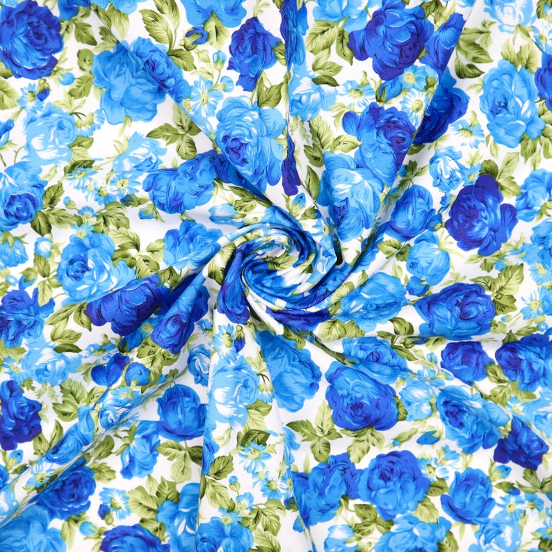 Vintage Blue Rose Cotton Fabric - Blue Roses Printed on White ...