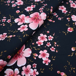Beautiful Sakura Cotton Fabric - Sakura Flowers Printed on Black, Blue ...