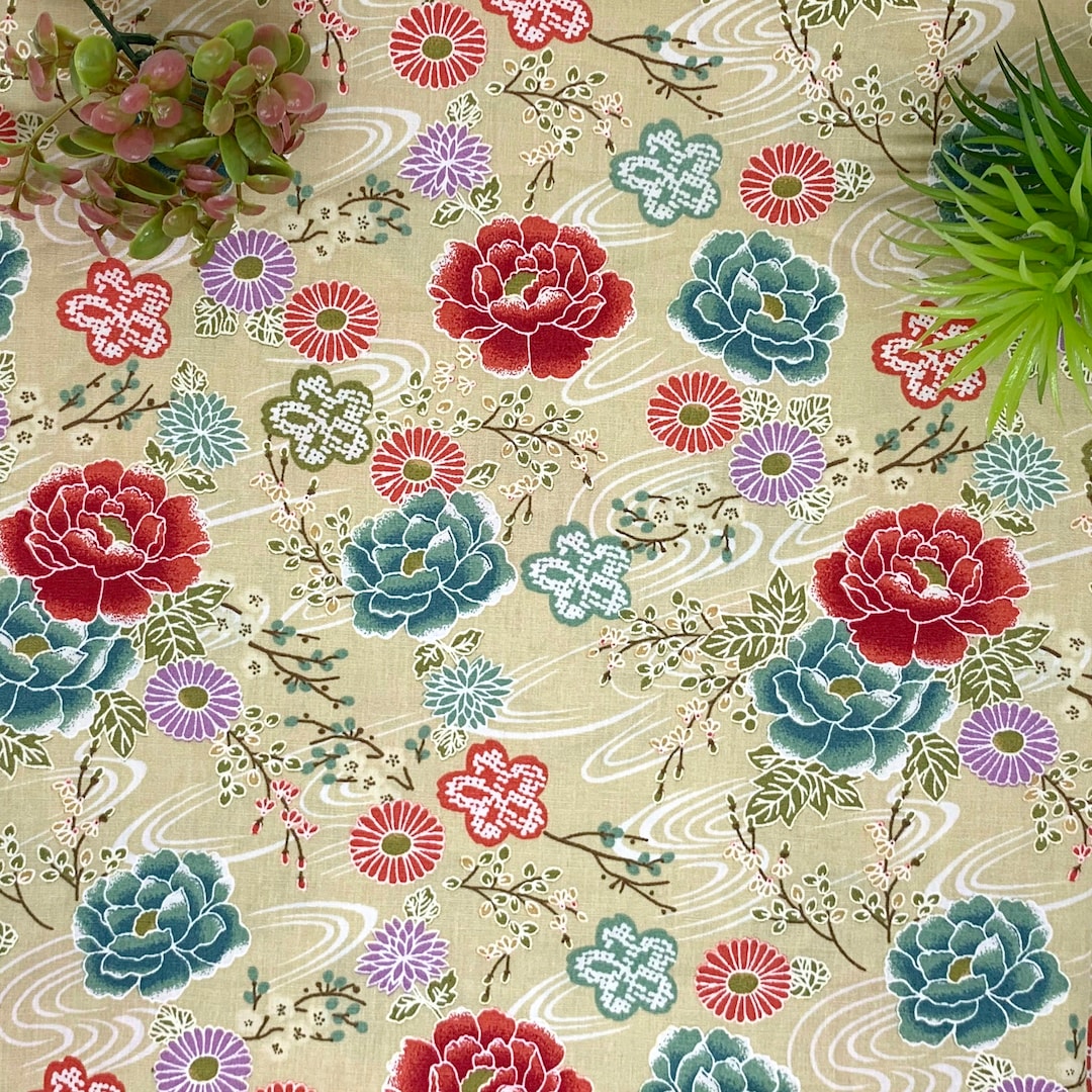 Asian Flower Cotton Fabric - Japanese Style Flower on Light Green ...