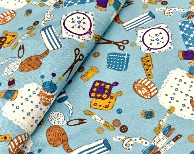 Sewing Notions Cotton Fabric - Sewing Tools Printed on Blue Cotton ...