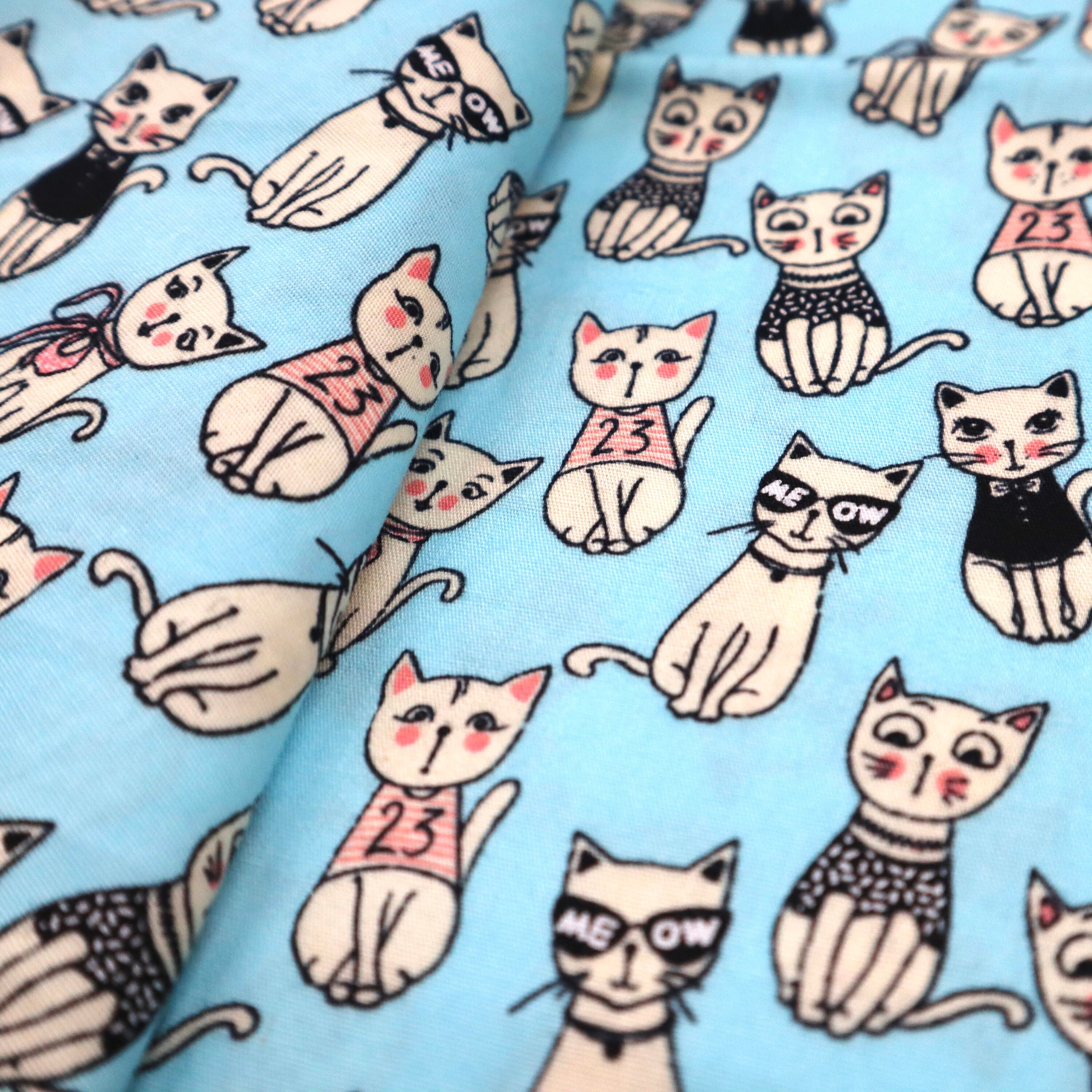 Cute Cat Printed Cotton Fabric Cat Printed on Blue Black | Etsy