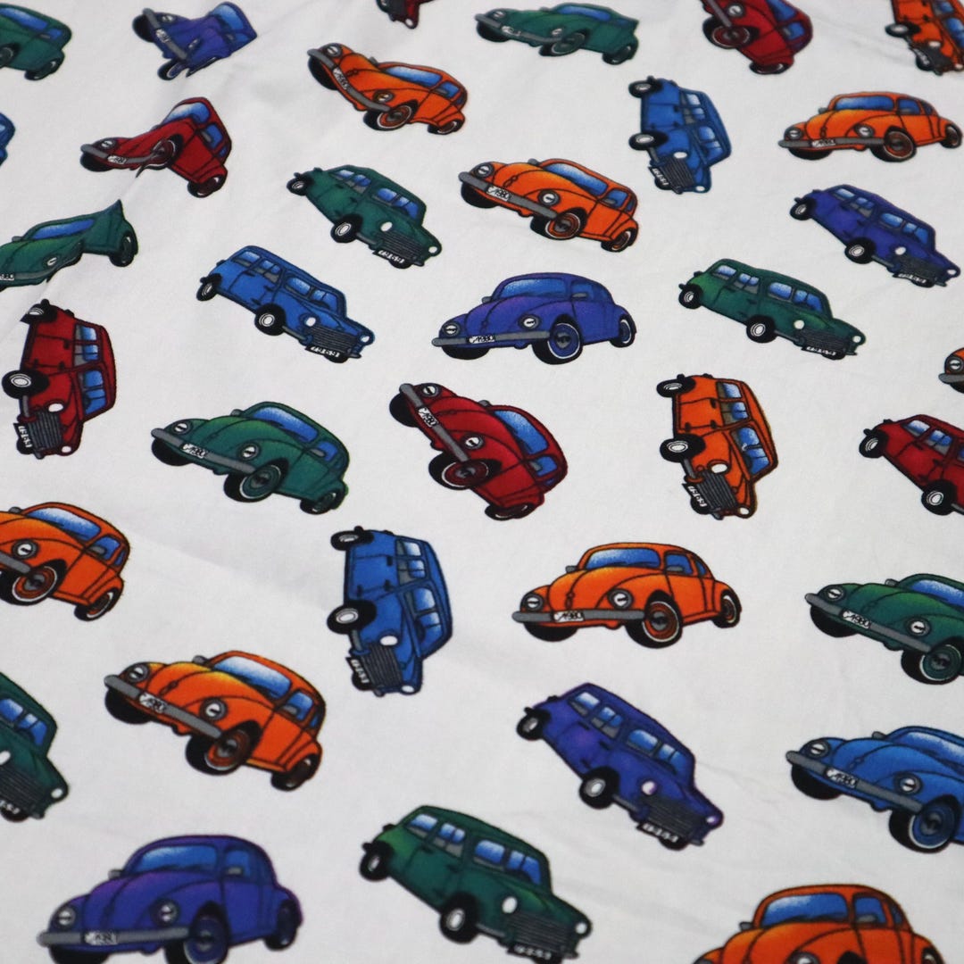 Cute Classic Car Fabric - Colorful Car Printed on White Cotton Fabric ...