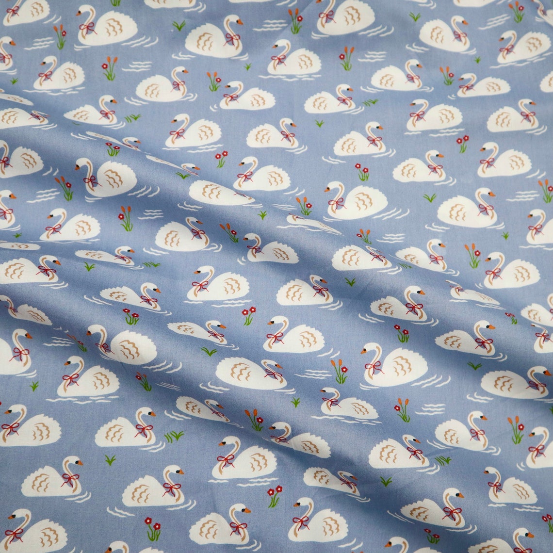 Swan Cotton Fabric White Swan With Bow Tie Printed on Gray | Etsy